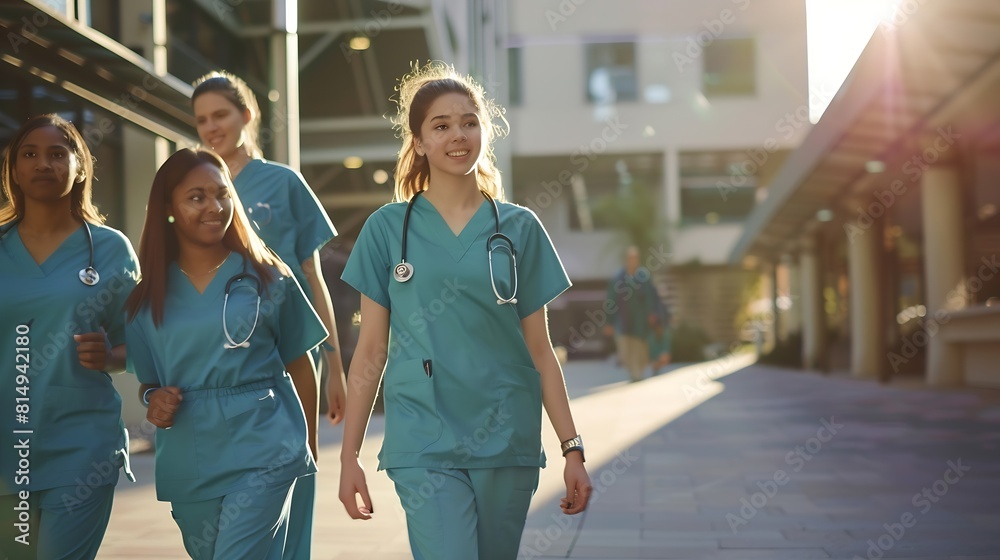 Diverse team of medical students young women in scrubs walk together on ...