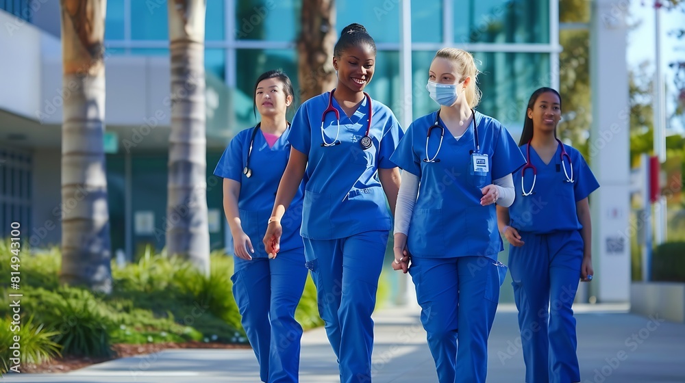 Diverse team of medical students young women in scrubs walk together on ...