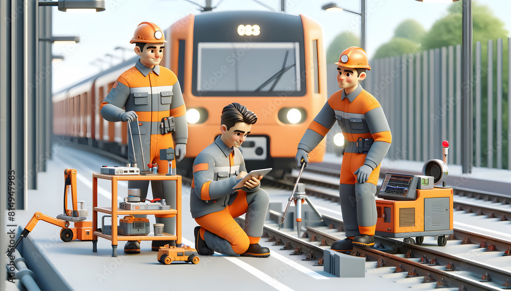 Subway Maintenance 3D Caricature: Three Railway Engineers in Orange and ...