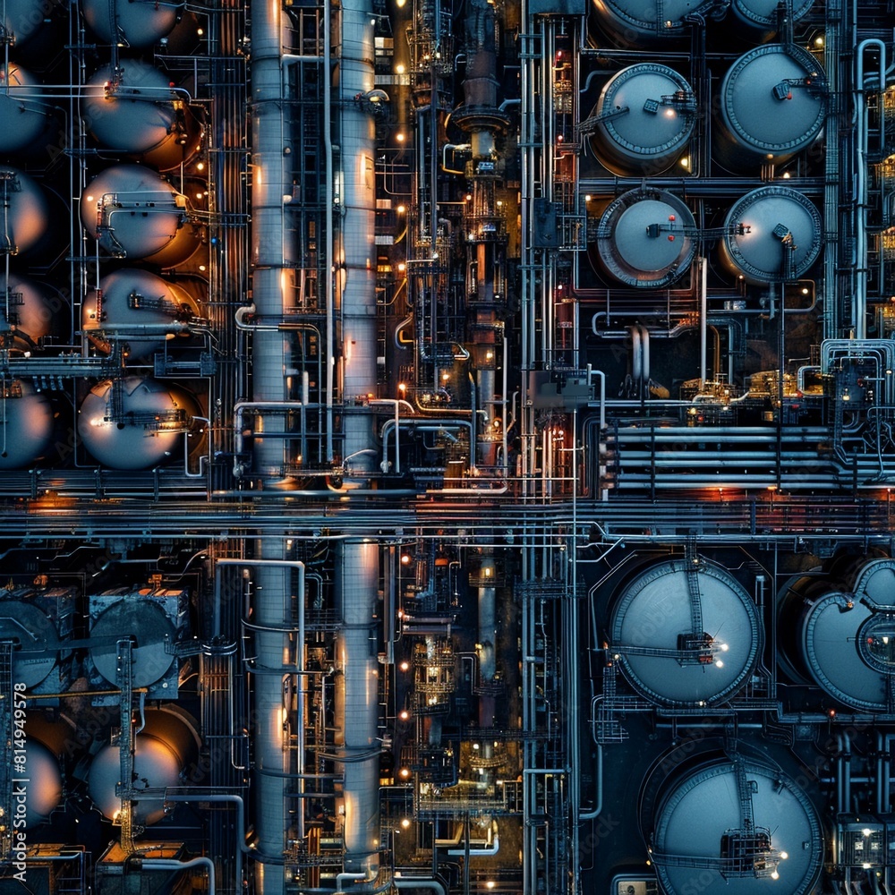 An aerial view of an industrial chemical plant, with storage tanks and ...