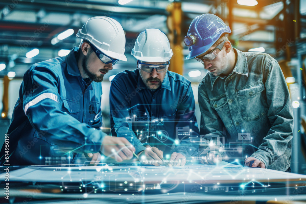 Three engineers with hard hats are reviewing blueprints on a table with ...