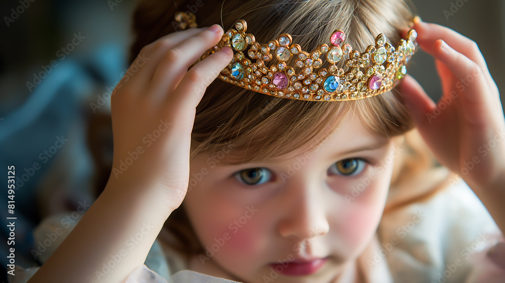 Child picking up a plastic jewelled tiara toy, Adorable little girl ...