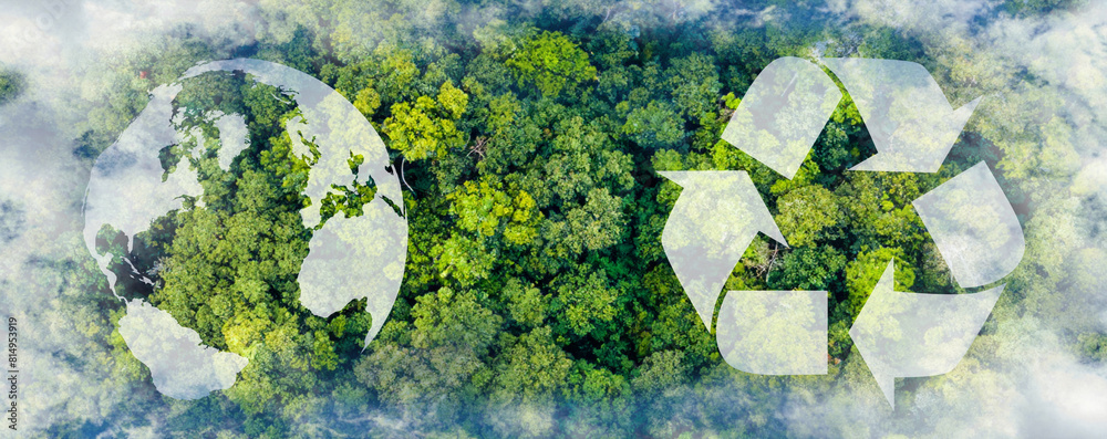 Earth and Recycle symbol on the forest background . Ecological concept ...
