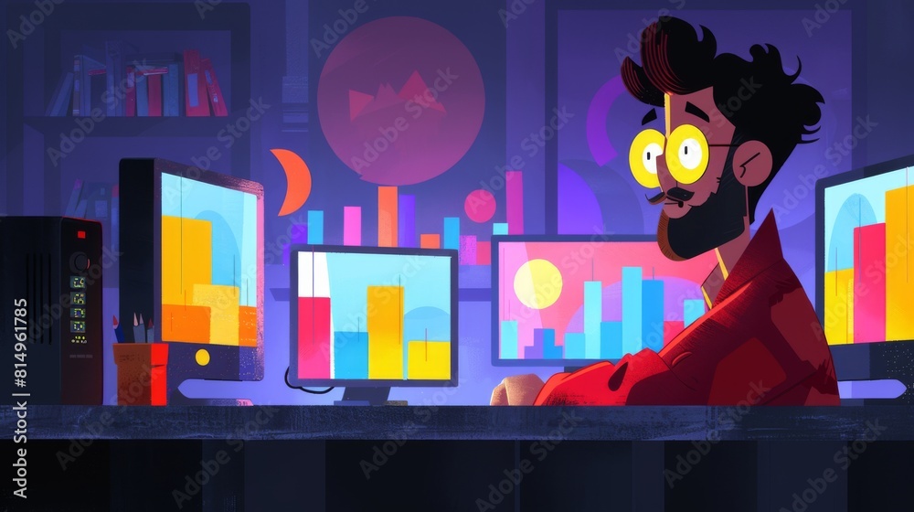 Cartoon illustration of a man working late at his desk with two ...