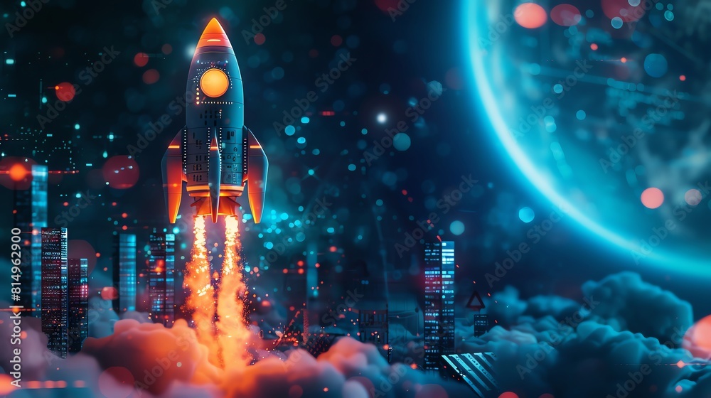 Hack Smart Tech Theme Rocket system submerged in cybersecurity data ...