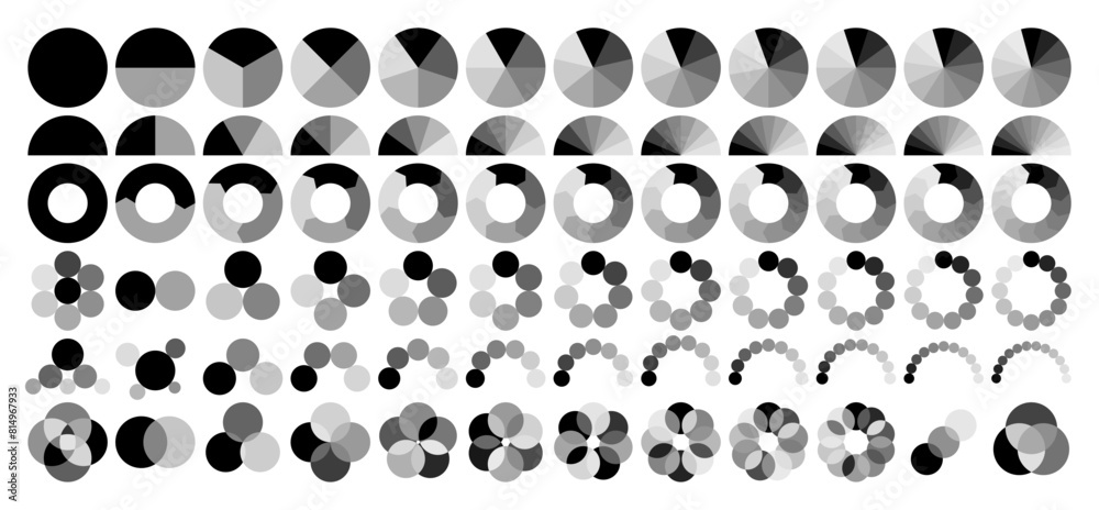 Flat circular graphs. Pie chart infographic, gauge diagram, segmented ...
