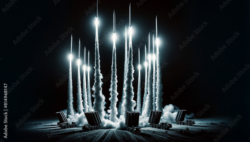 This image shows multiple land-based missiles launched simultaneously ...