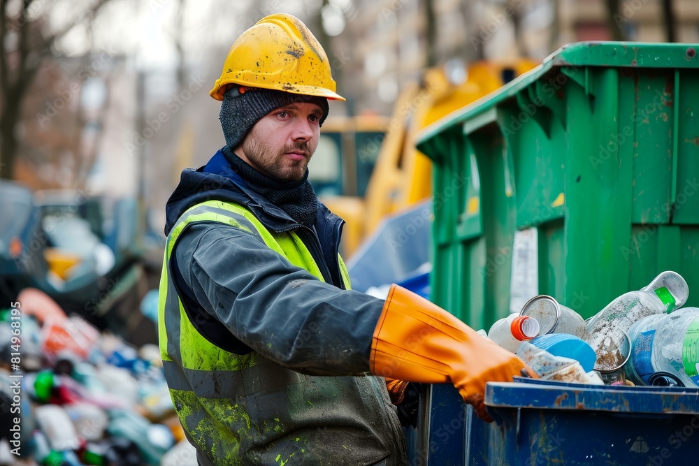 Poster Focused waste management worker sorts materials in a recycling ...