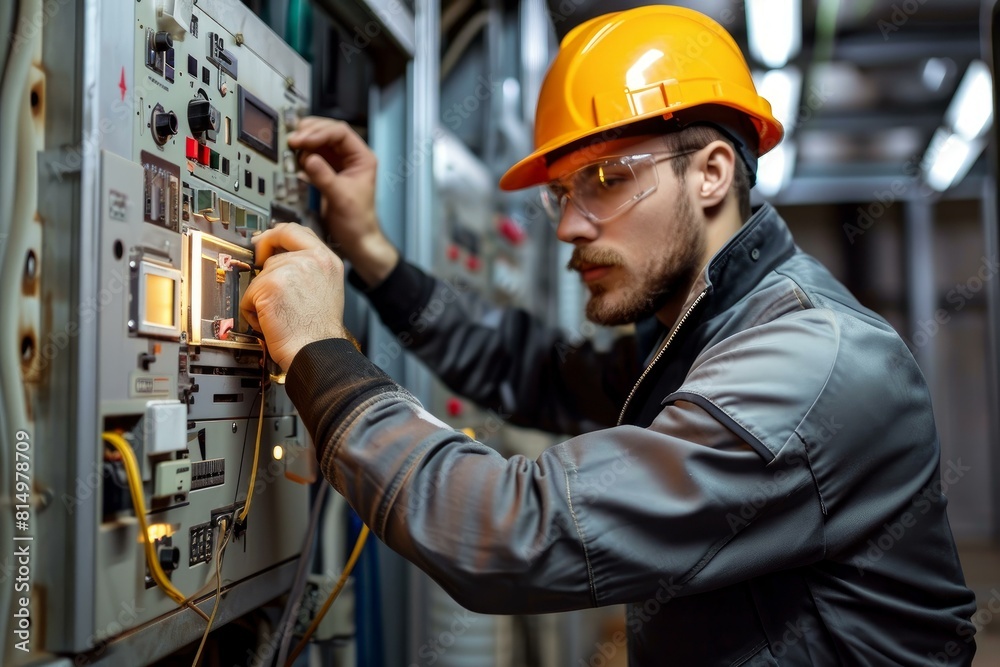 Skilled electrician with safety helmet working on a commercial ...