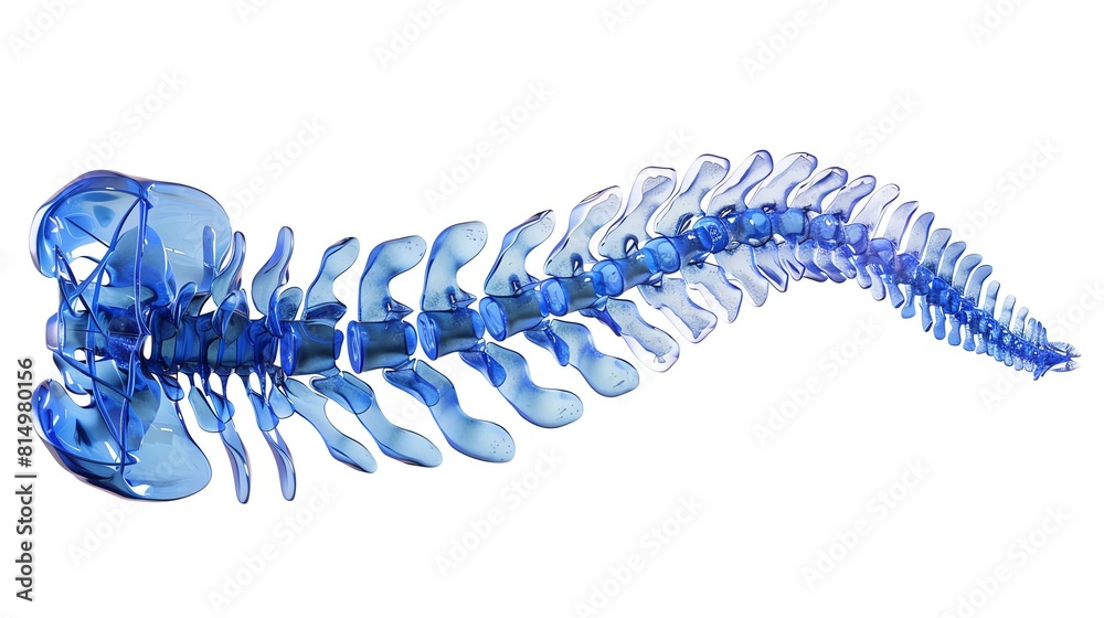 Blue translucent human spine on a white background. The spine is made ...