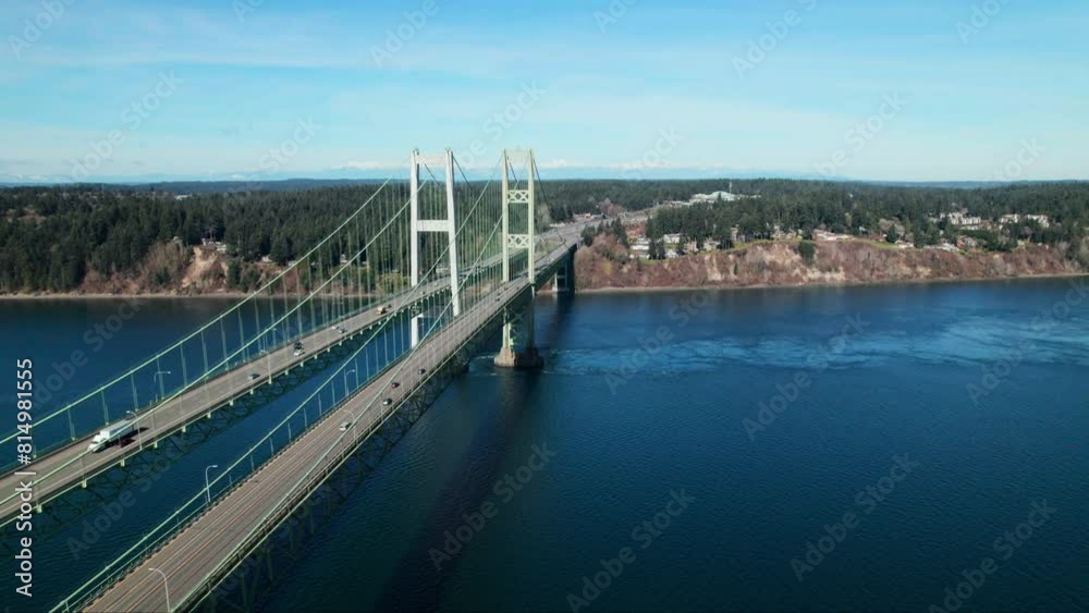 Aerial Shot Crossing Tacoma Narrows Bridge Over Puget Sound Stock Video ...