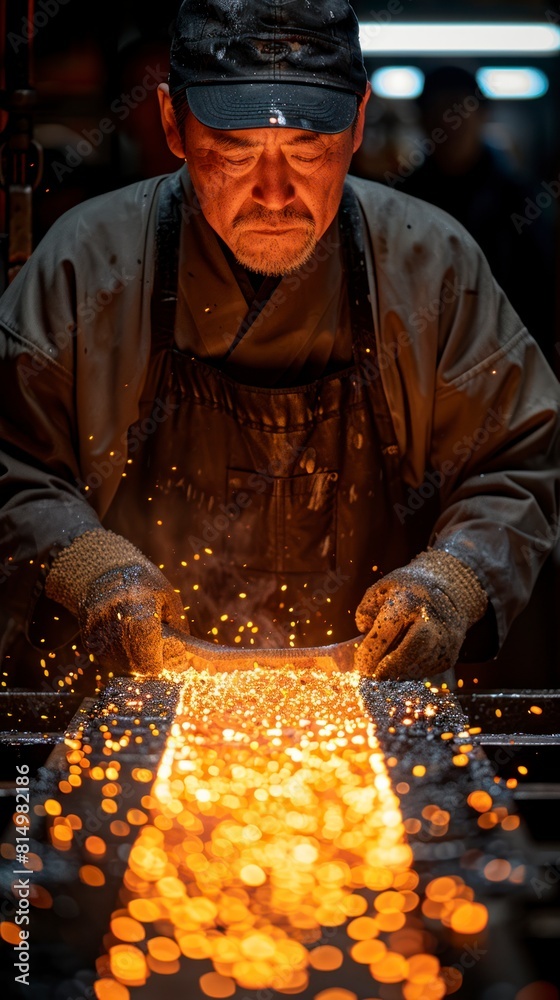 teenage Japanese blacksmith forging a traditional katana sword with ...