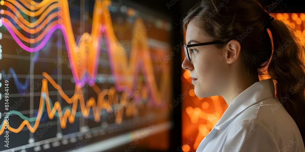 Female data scientist reviewing risk management reports on large ...