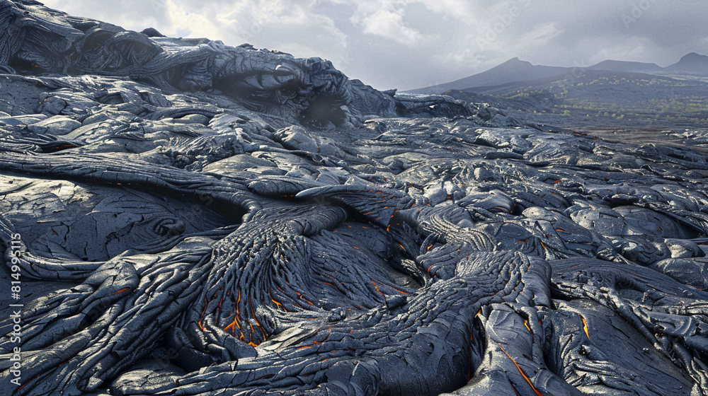 High-definition digital art of a lava field cooling into new rock ...