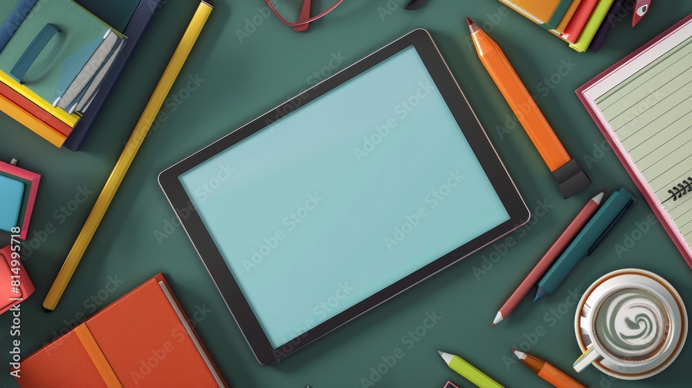Digital tablet flat design top view online education theme 3D render ...