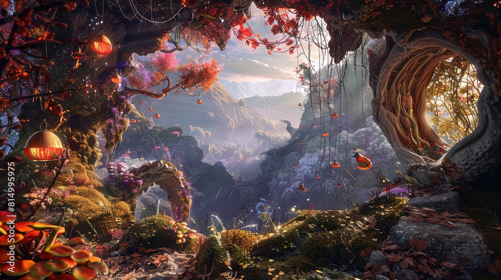 Vivid underwater fantasy scene with colorful mushrooms, exotic plants ...
