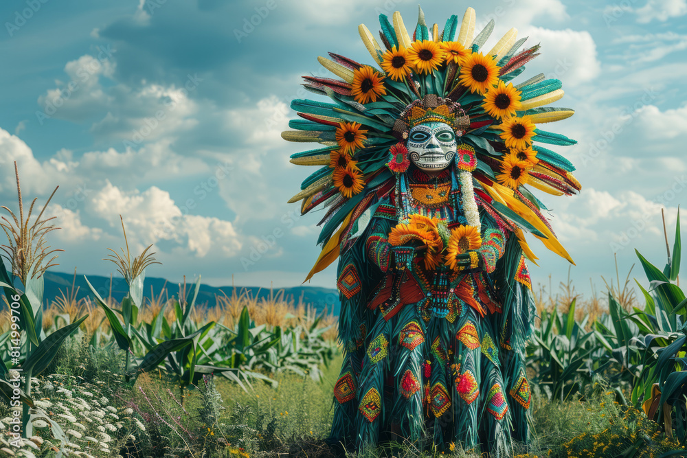 Scene of the Aztec goddess Chicomecoatl, deity of agriculture, depicted ...