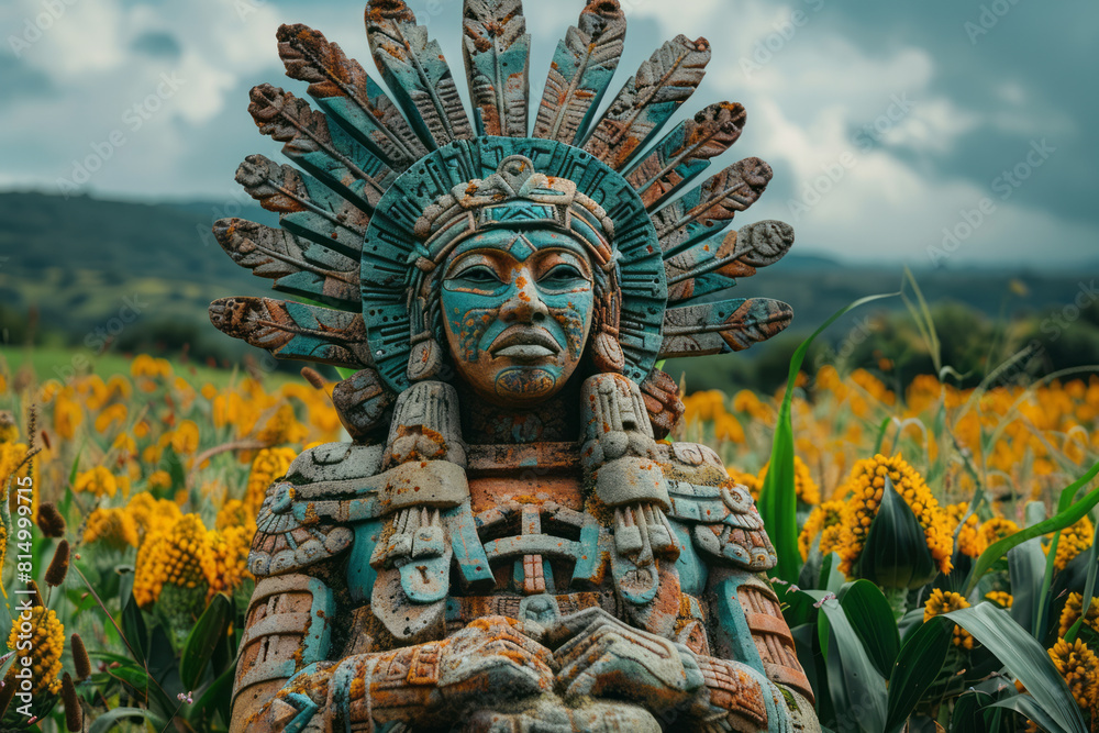 Scene of the Aztec goddess Chicomecoatl, deity of agriculture, depicted ...