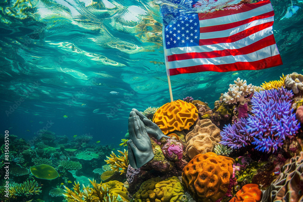 Praying soldier-shaped American flag with vibrant coral reefs ...
