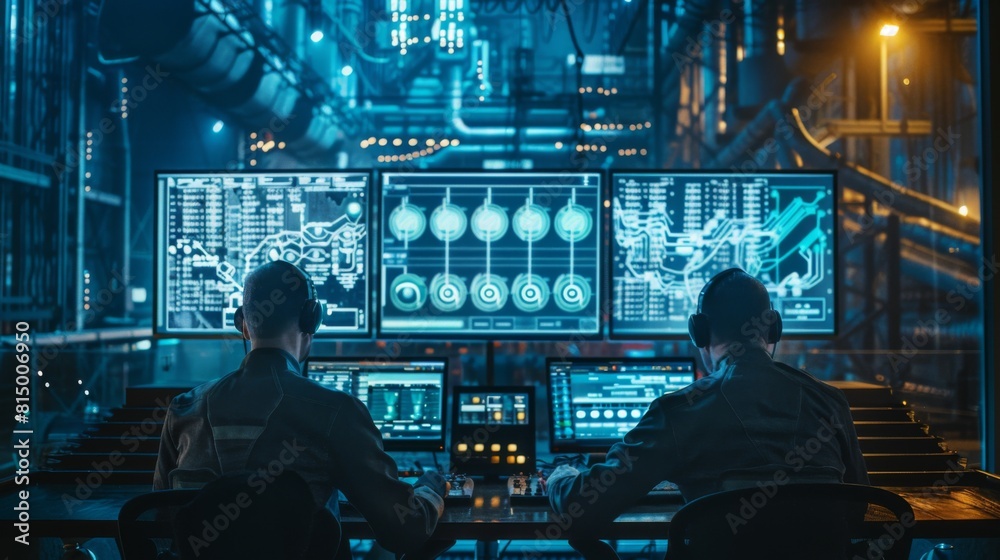 Engineers configuring a centralized control system for managing factory operations. Stock ...