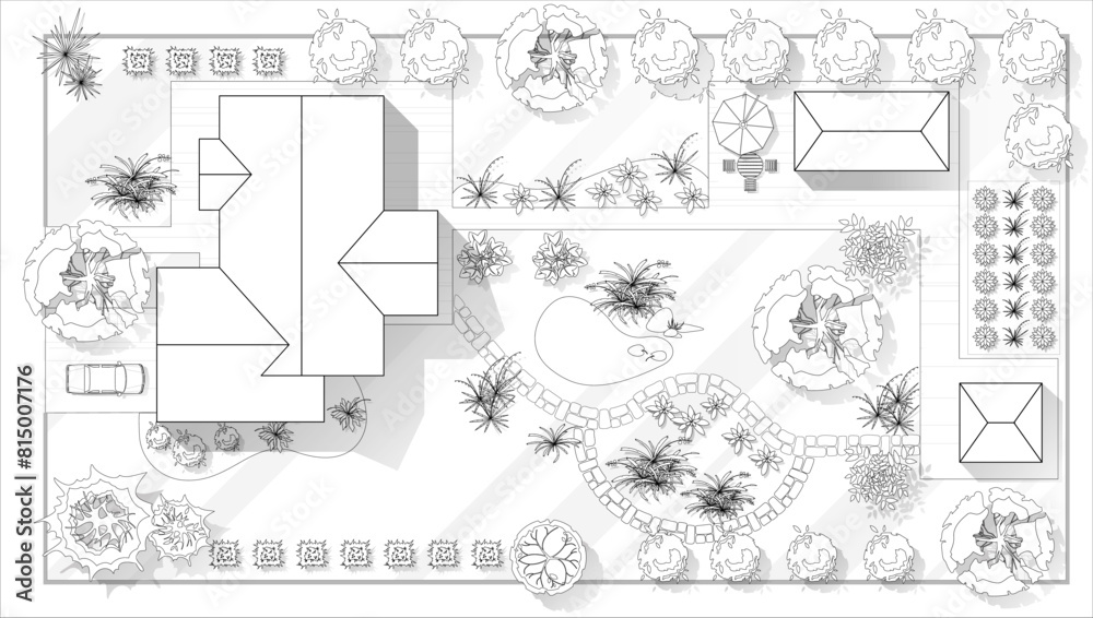 Top view landscape design plan with house, courtyard, lawn. Black and ...