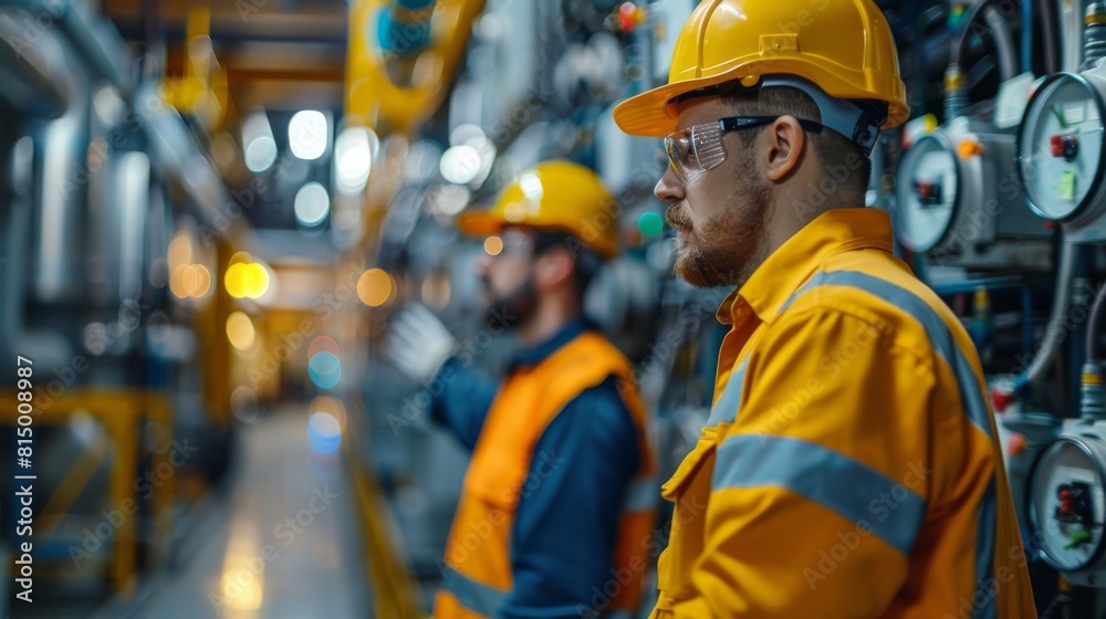 Engineers conducting a final inspection before the factory's electrical system goes live. Stock ...