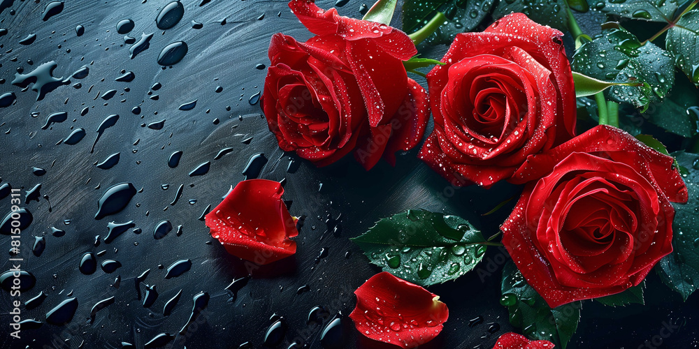 Red roses on dark background poster. Beautiful red flowers with water ...