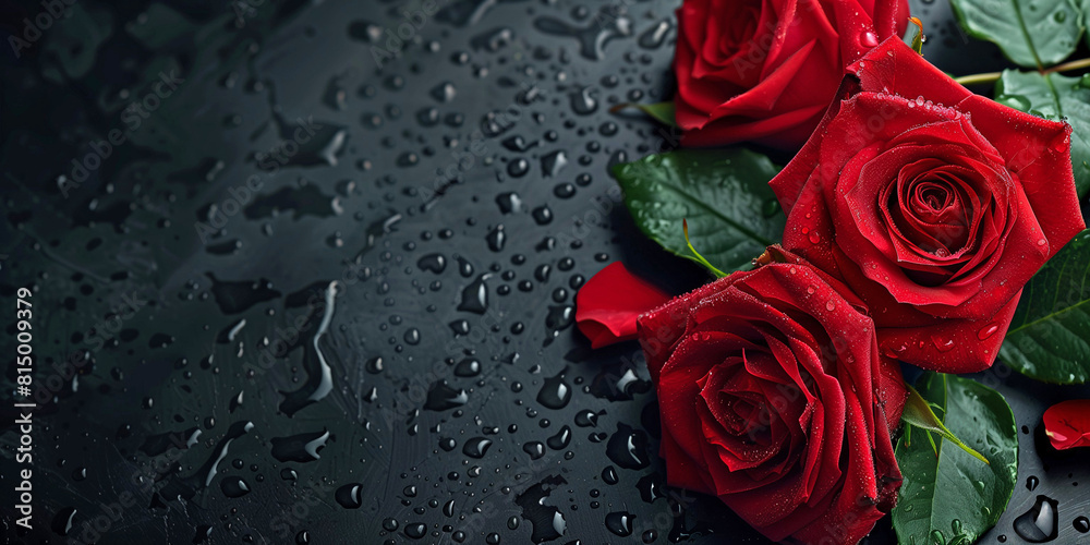 Red roses on dark background poster. Beautiful red flowers with water ...