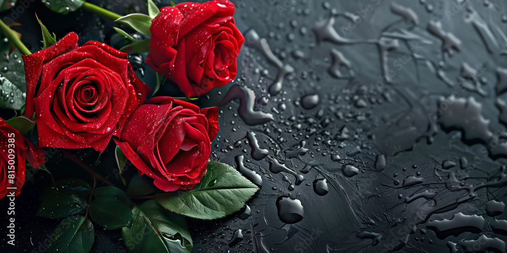 Red roses on dark background poster. Beautiful red flowers with water ...