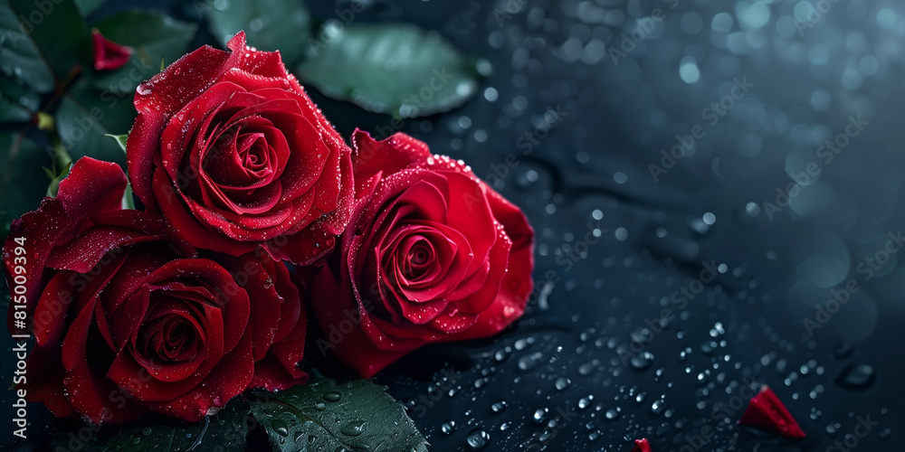 Red roses on dark background poster. Beautiful red flowers with water ...