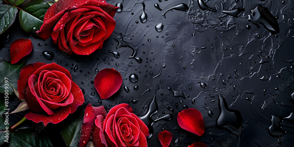 Red roses on dark background poster. Beautiful red flowers with water ...
