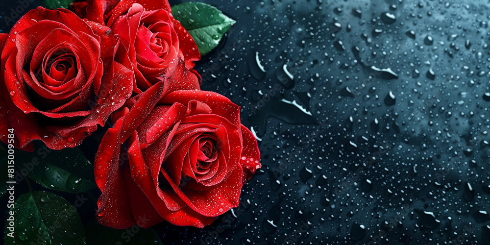 Red roses on dark background poster. Beautiful red flowers with water ...
