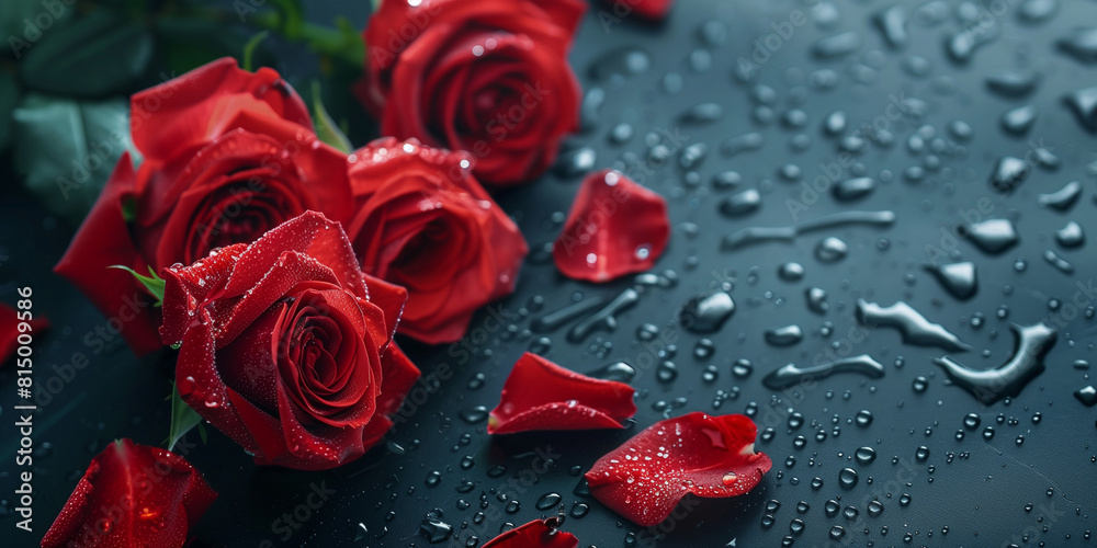 Red roses on dark background poster. Beautiful red flowers with water ...