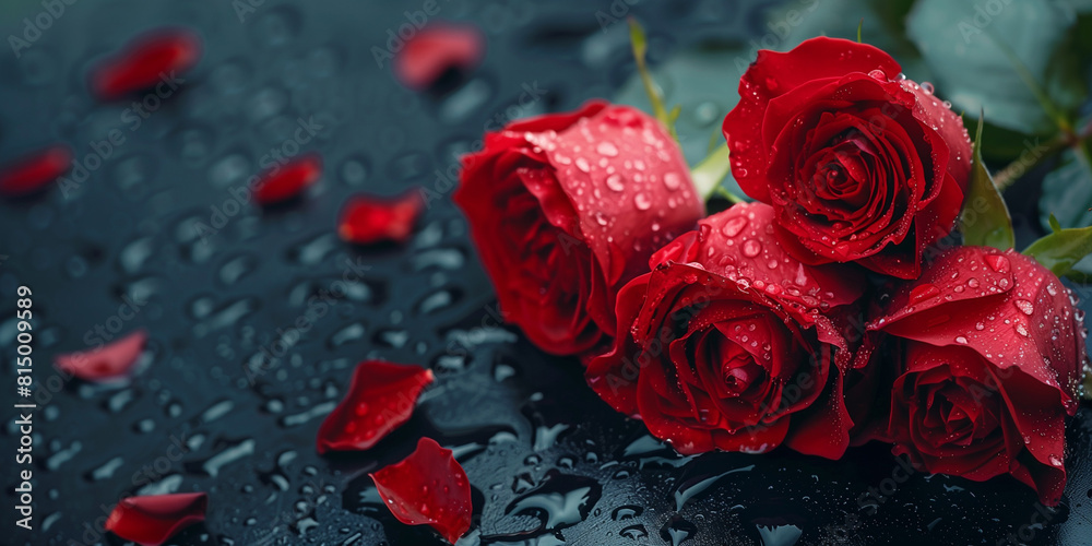 Red roses on dark background poster. Beautiful red flowers with water ...