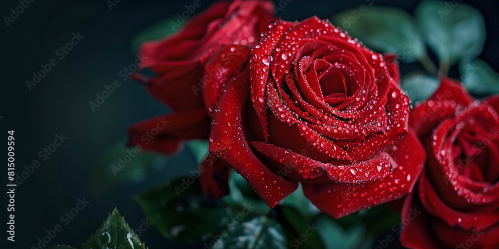 Red roses on dark background poster. Beautiful red flowers with water ...