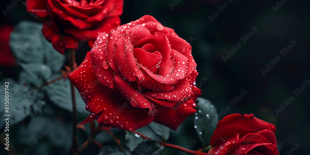Red roses on dark background poster. Beautiful red flowers with water ...
