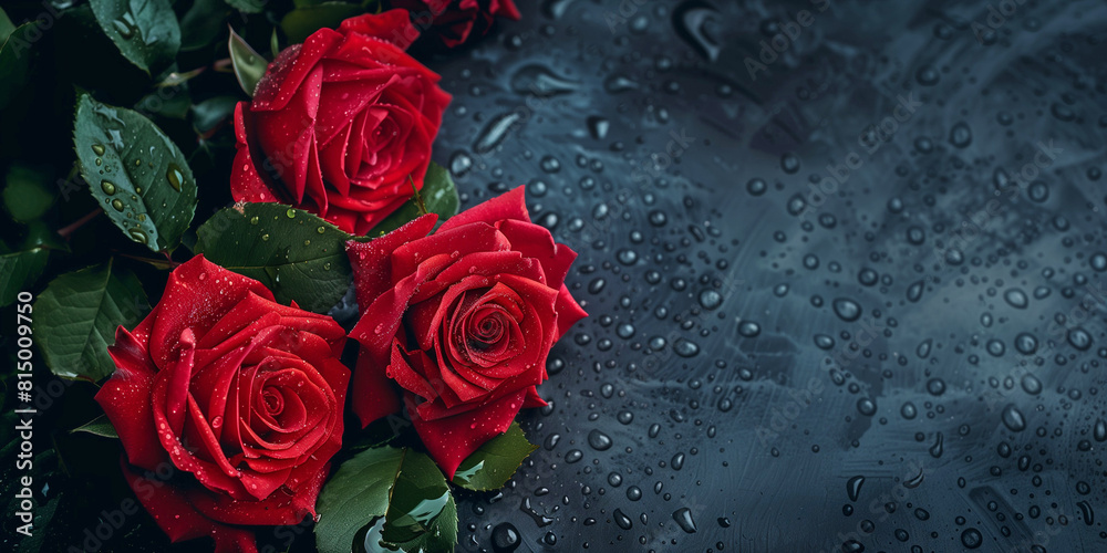 Red roses on dark background poster. Beautiful red flowers with water ...