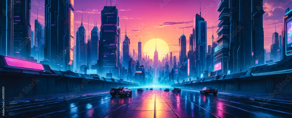 Synthwave city, neon futuristic cyberpunk cityscape, street with ...