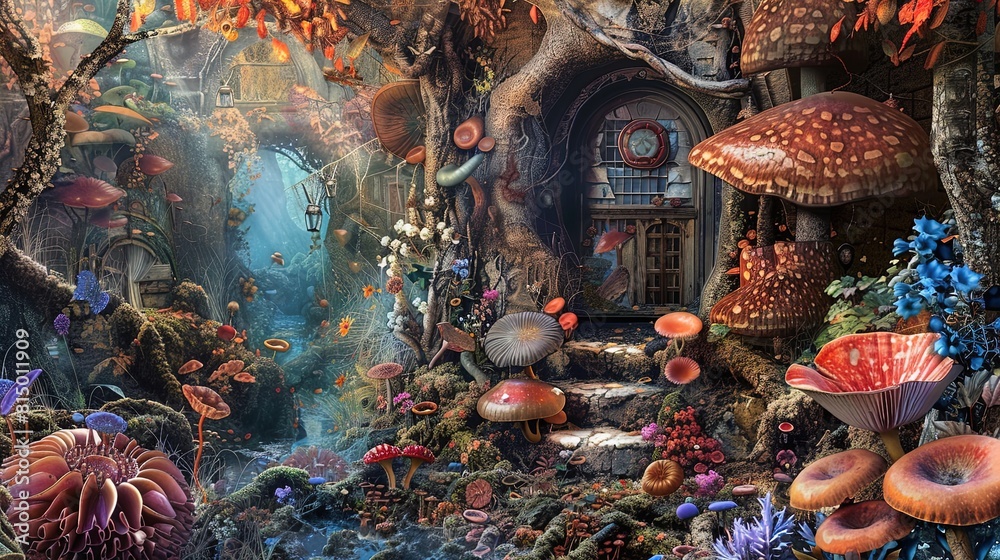 Vivid underwater fantasy scene with colorful mushrooms, exotic plants ...