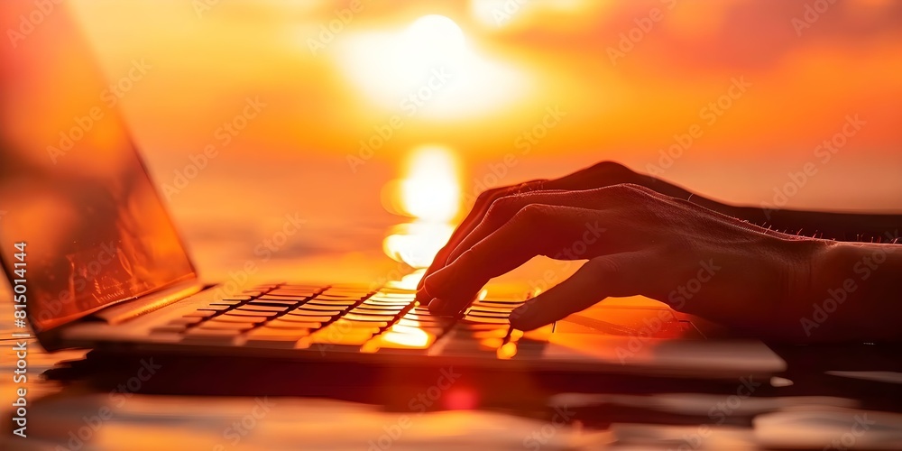 Typing as the sun sets: Fingers dance on the keyboard keys. Concept ...