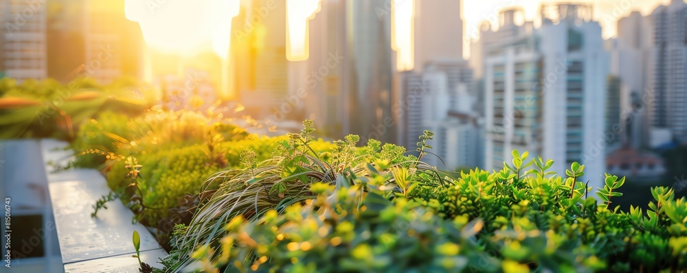 Urban greening side view close up of rooftop gardens in a city at ...
