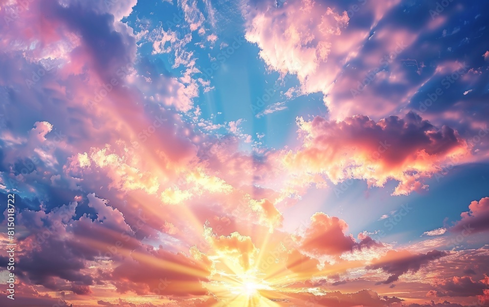 Expansive sunset sky with dramatic clouds and radiant light rays. Stock ...