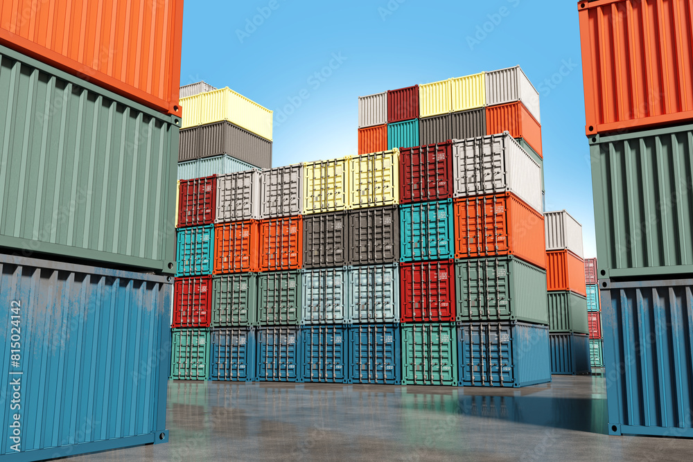 Sea freight containers. Blue 40 foot containers warehouse. Packaging ...