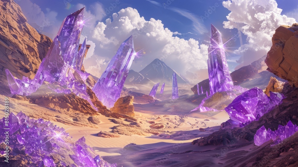 Fantasy landscape with sandy glaciers and purple crystal. Concept art ...