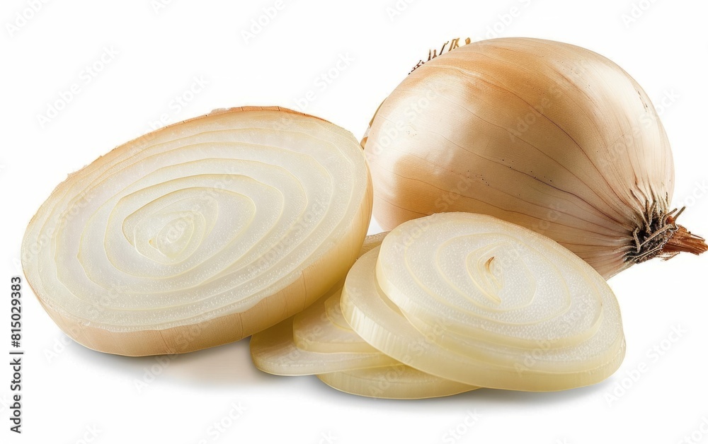 Whole and sliced yellow onion with translucent layers. Stock ...