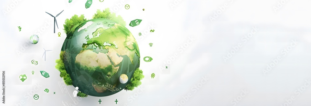 Green environment, world map and icons for ecofriendly sustainability ...