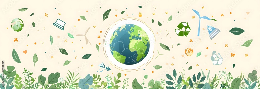 Green environment, world map and icons for ecofriendly sustainability ...