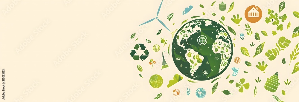 Green environment, world map and icons for ecofriendly sustainability ...