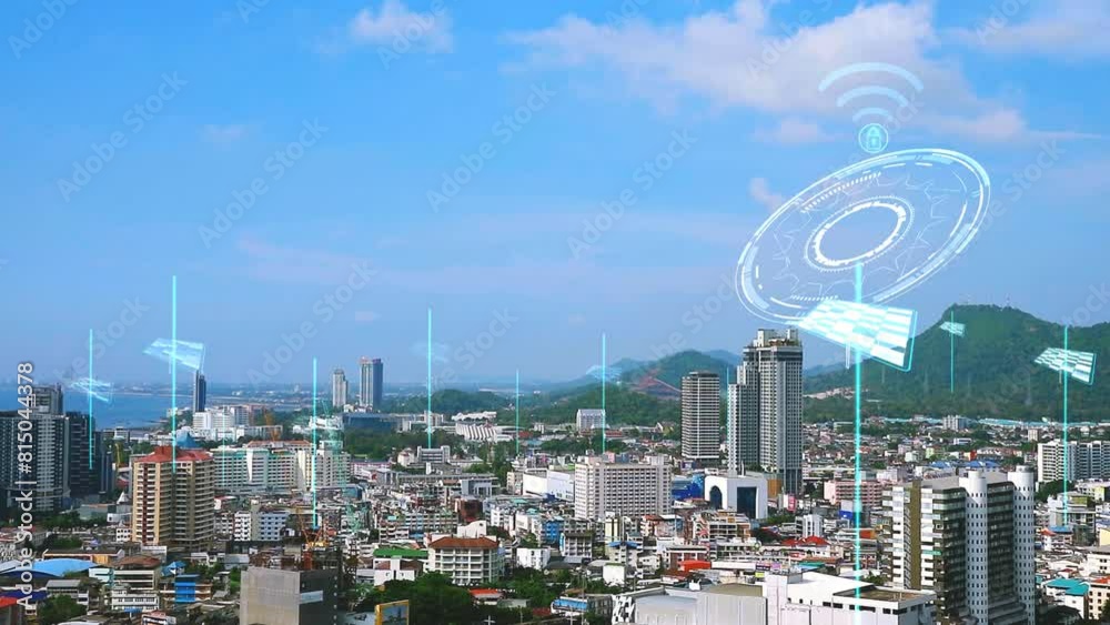 Smart city futuristic monitor solar cell and digital quantity ...