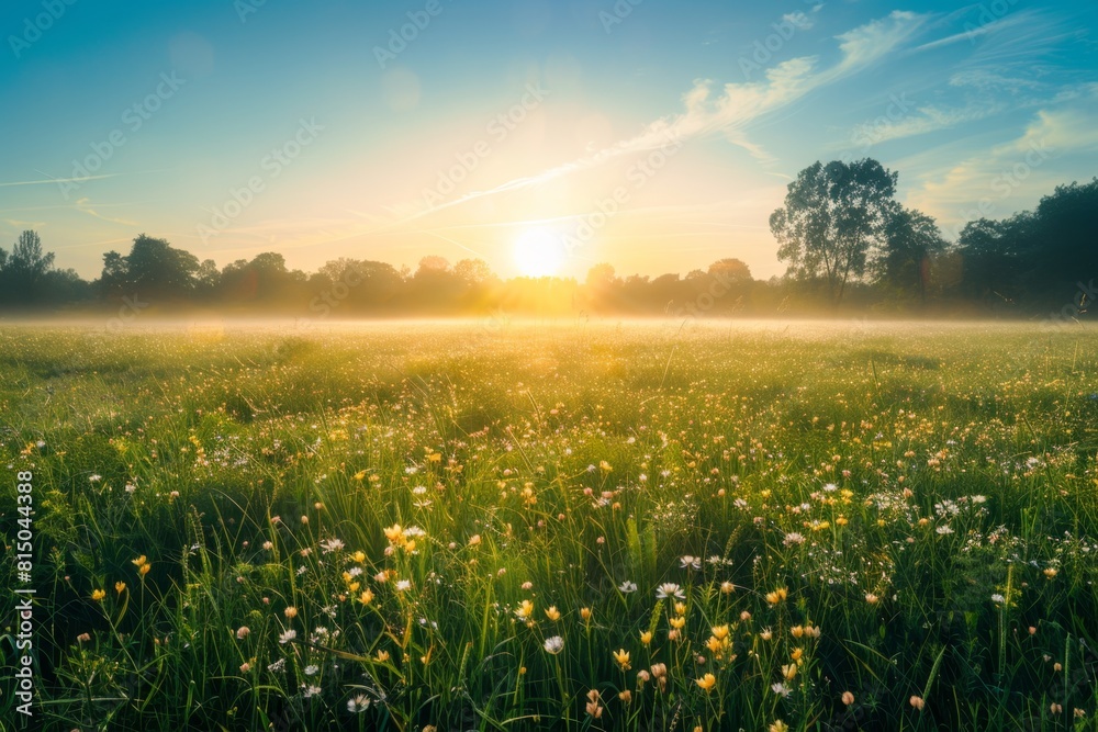 Sunrise over the meadow, a field of tall grass and wildflowers with ...
